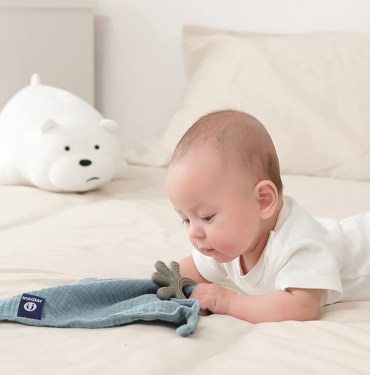 AmazingM Baby Muslin Security Blanket with Food Grade Silionce Teether,Soothe Teething Toy for Boys and Girls,100% Polyester (Blue)