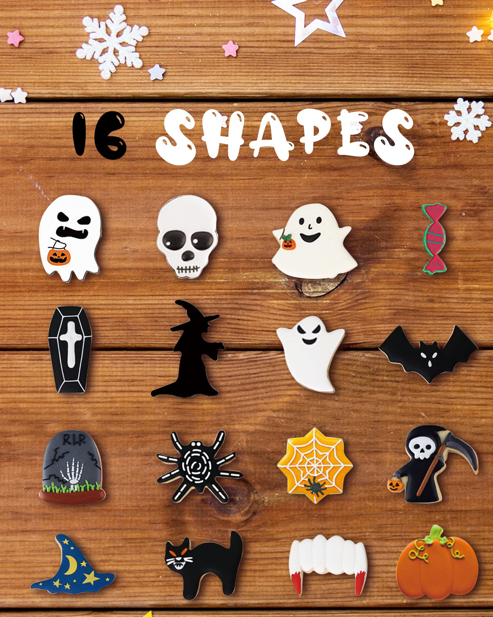 16 Pcs Halloween Cookie Cutters Halloween Set with Decorating Instructions Stainless Steel Pumpkin Witch Hat Cat Bat Skull Ghost Candy Coffin And More