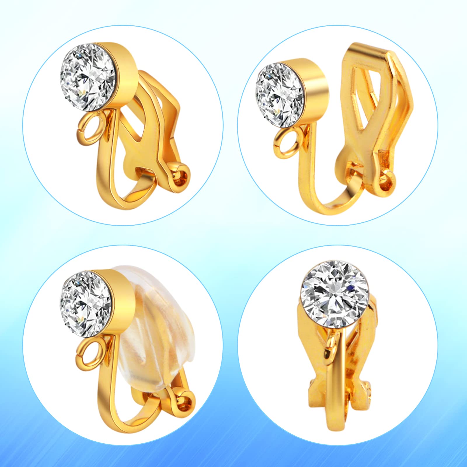 16pcs Clip-on Earring Converters Brass Triangle Earring Clips with Crystal Rhinestone Earring Findings and 16pcs Silicone Ear Pads for Non-Pierced Ears DIY Jewelry Making, 2 Colors