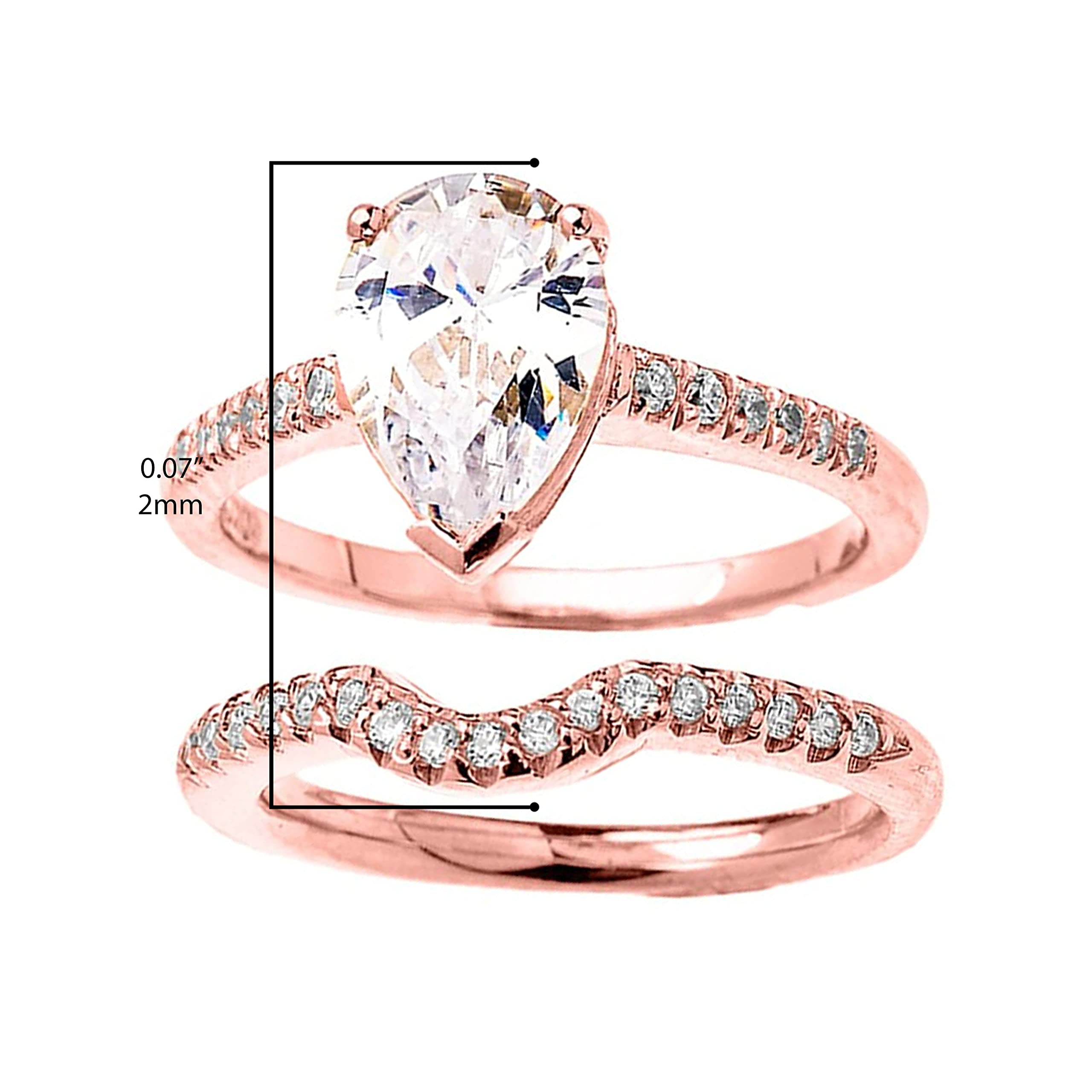 10K Rose Gold Pear Shaped Cubic Zirconia Engagement Ring and Matching Contour Wedding Band Bridal Set - Size 7
