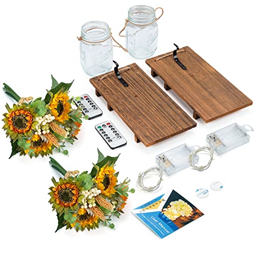 Adeeing Mason Jar Wall Decor, Rustic Wall Sconces with LED Lights Remote Control, Farmhouse Hanging Decorative Sconce Jars for Living Room, Hallway, Bedroom (Sunflowers Set of 2)