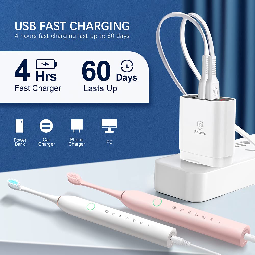2 Pack Rechargeable Electric Toothbrushes for Adults and Kids, Sonic Whitening Tooth Brush with 8 Brush Heads, 6 Cleaning Modes and Smart Timer, Waterproof Cleaning Toothbrushes Set(pink&white)