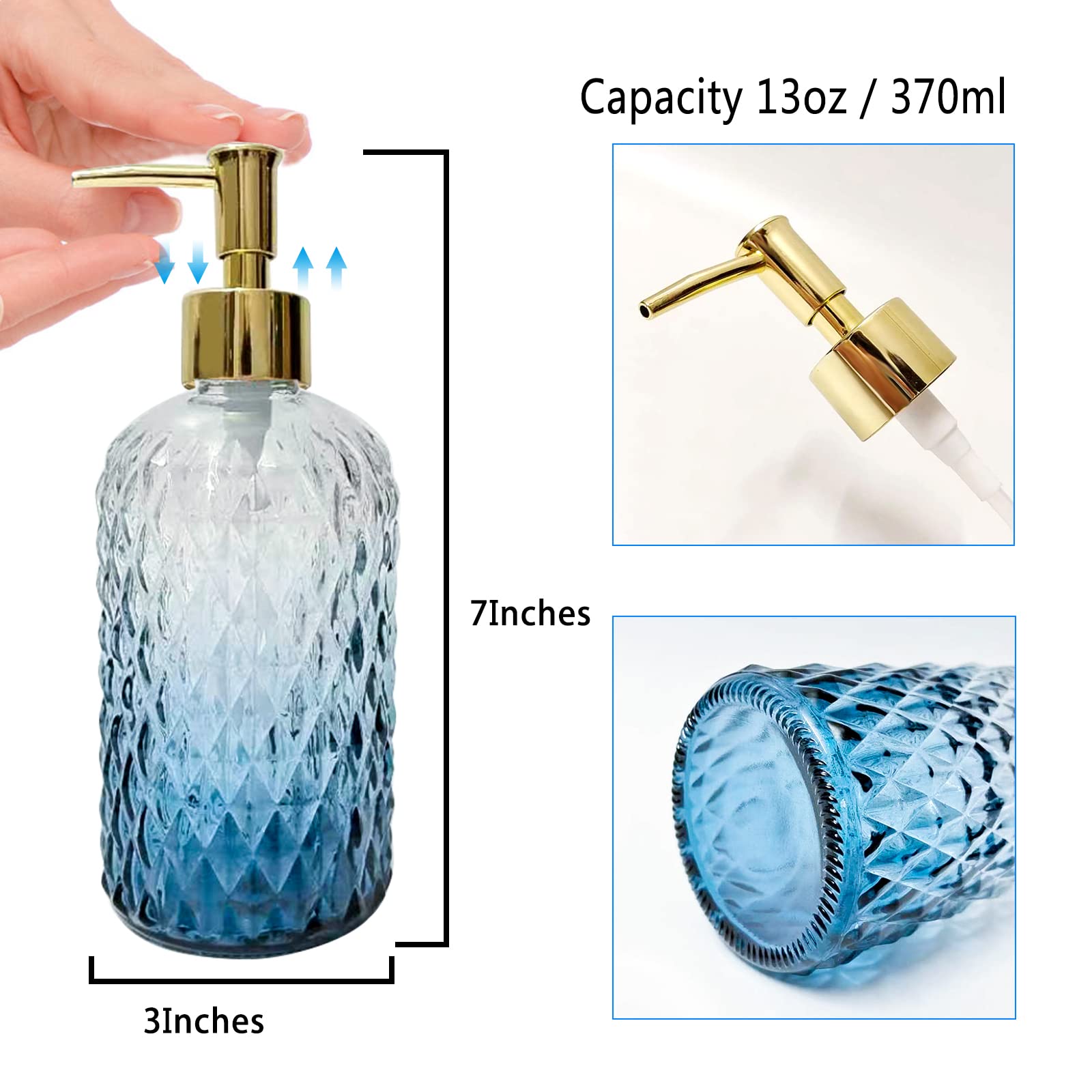 13oz Glass Soap Dispenser, Diamond Shaped Embossed Refill Hand Soap Clear Glass Bottle with Pump for Essential Oils, Liquid Soap, Detergent, Lotion (Transparent+Blue)