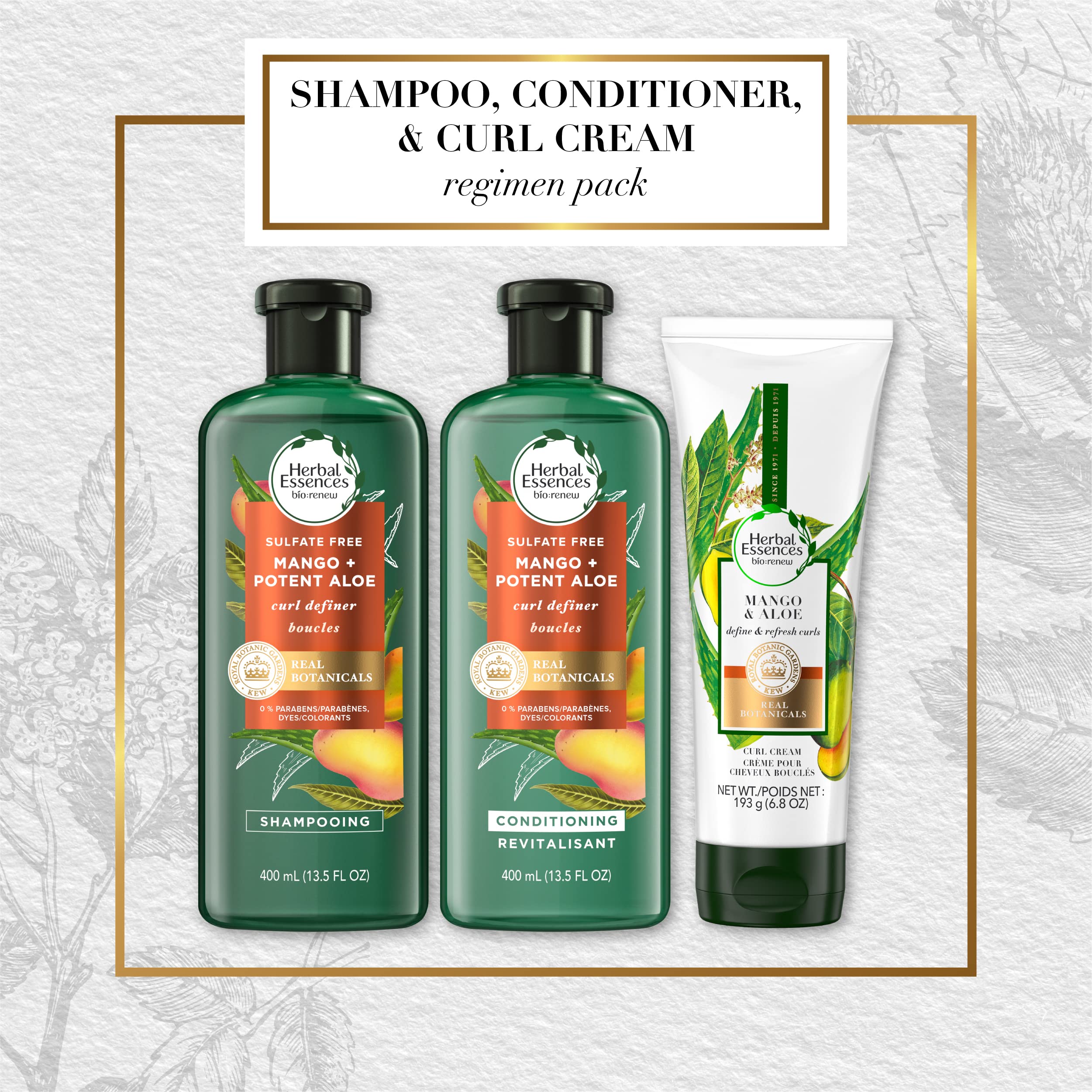 Herbal Essences bio:renew Sulfate Free Shampoo & Conditioner 13.5 Fl Oz each, and Curl Cream 6.8 Fl Oz Set – With Mango + Potent Aloe, Complete Curly Hair Care for Defined Curls