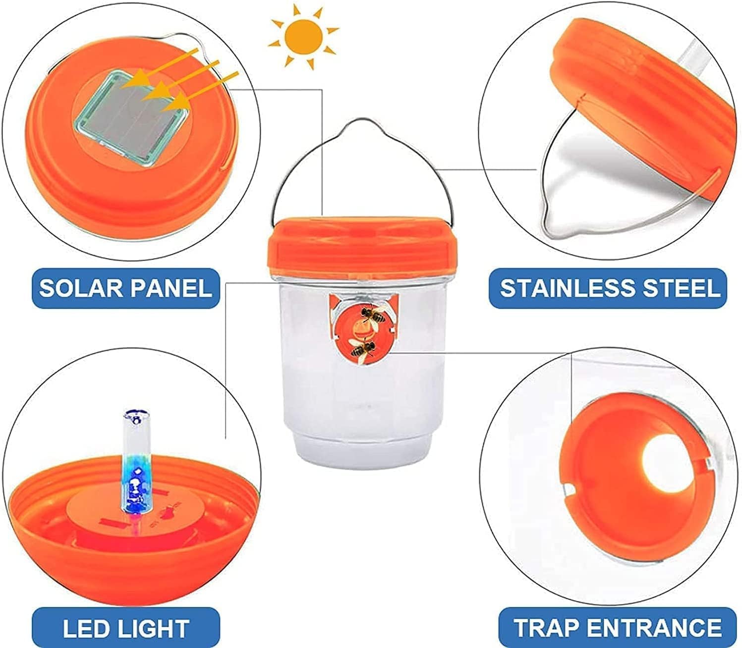 2 Packs Wasp Trap - Solar Powered Bee Trap Outdoor for Yellow Jackets, Hornets and Wasps - Durable Wasp Killer and Bee Killer - Reusable Yellow Jacket Trap and Insect Trap