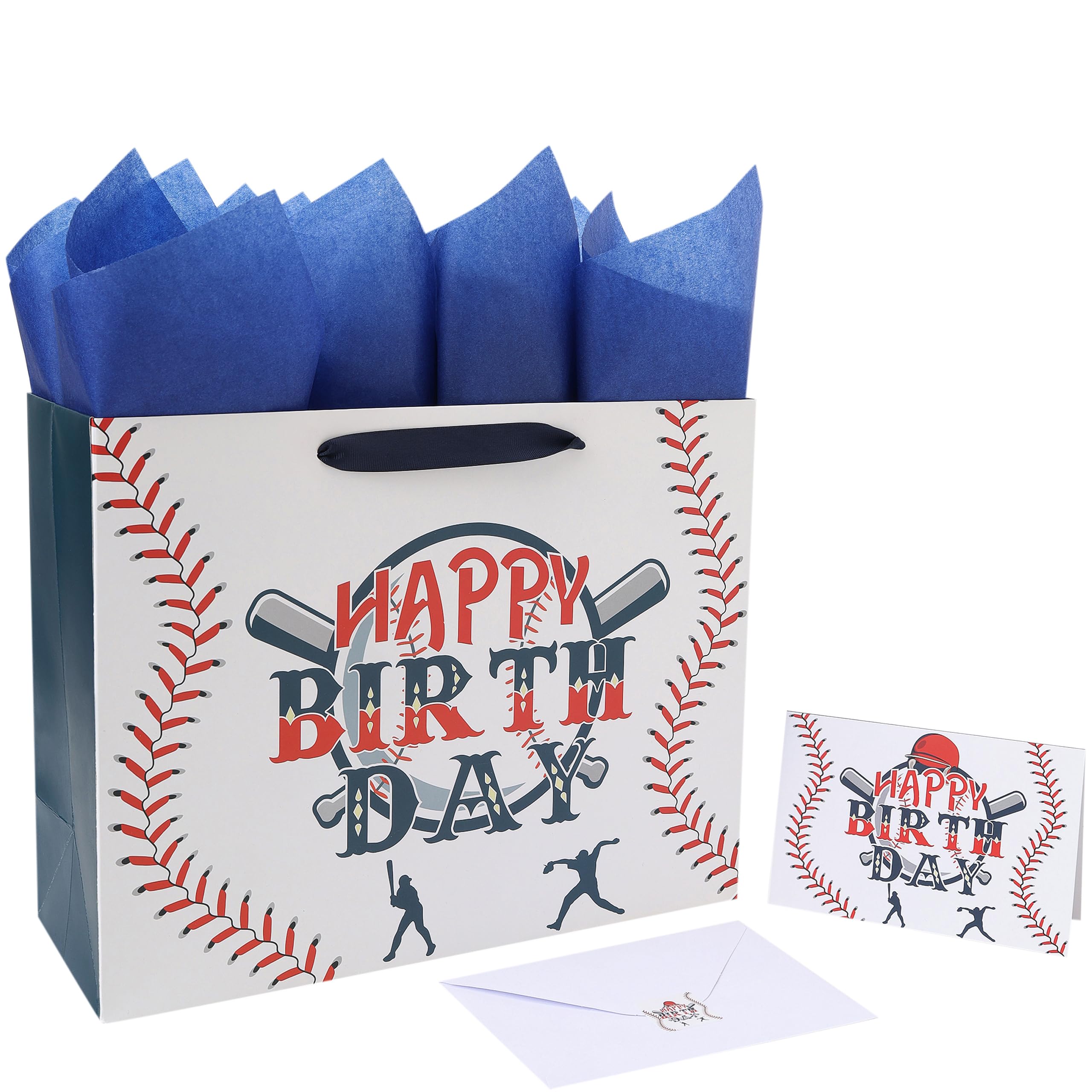 13ā Large Baseball Happy Birthday Gift Bag Set with Handles, Greeting Card, Tissue Papers and Stickers for Boys Kids Teens, Sport Themed Birthday Design, 1 Pcs