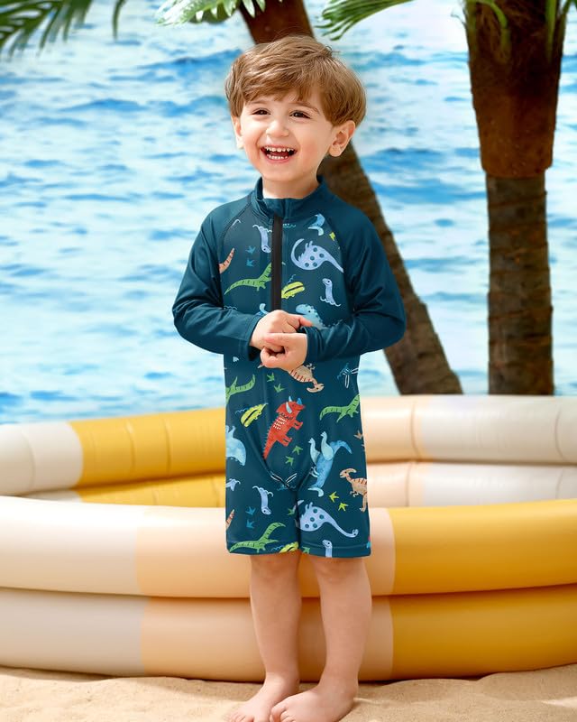 BesserBay Long Sleeve One Piece Rashguard UPF 50+ Dinosaur Navy Zip Up Swimwear for Baby Boy 18-24 Months