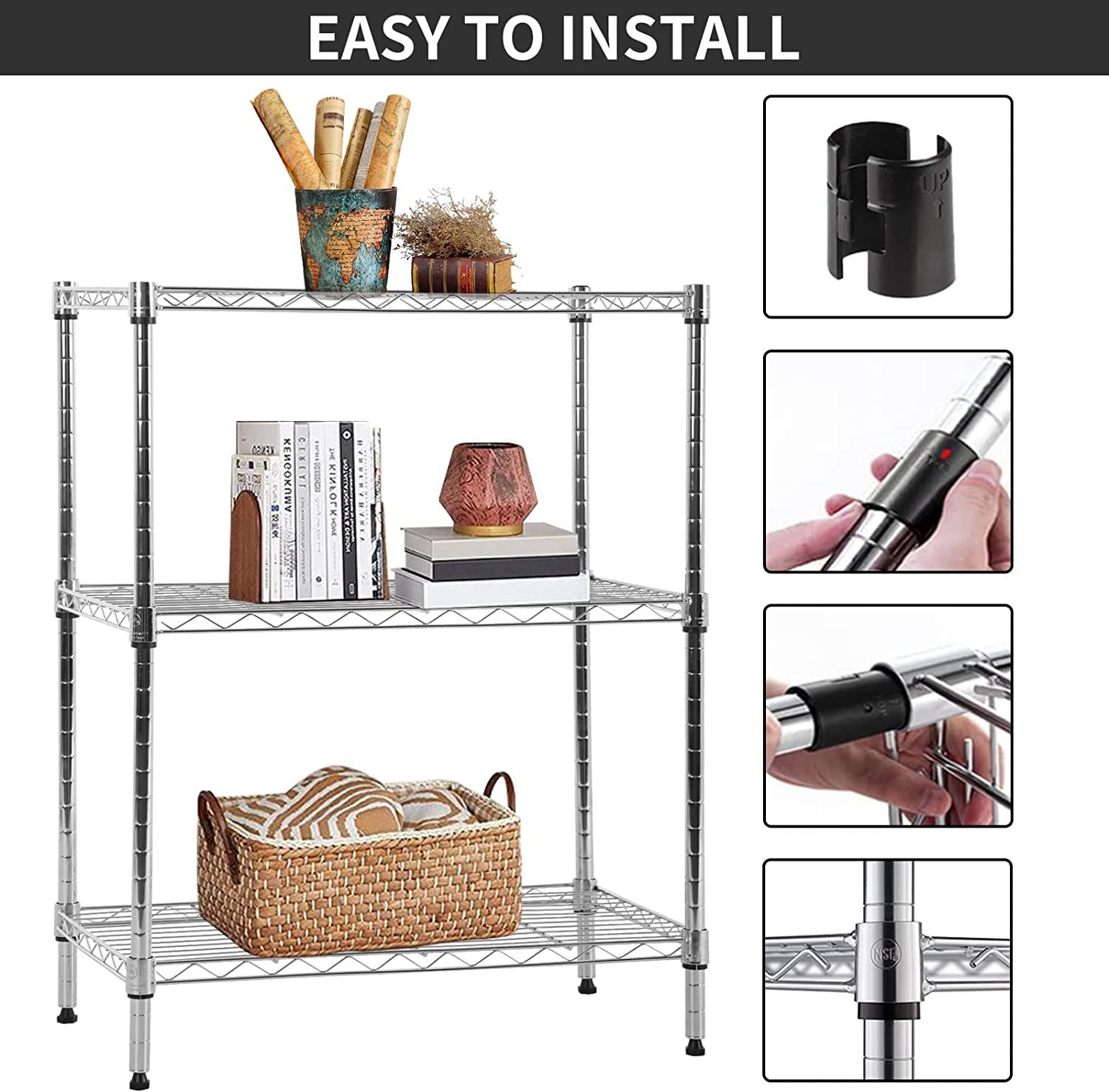 Dlewmsyic Small Storage Shelves, 3-Tier Metal Shelf Height Adjustable 23Lx13.2Wx30.2H 450lbs for Kitchen Pantry Office Rack, Chrome Wire Shelving Unit