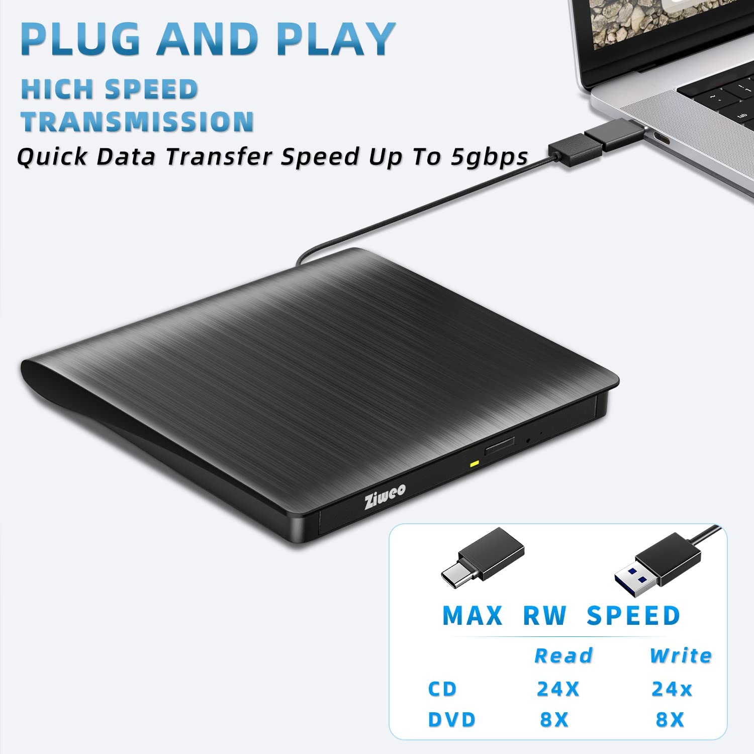 External DVD Drive USB 3.0 Type-C CD Burner Portable CD +/-RW Drive DVD Player for ROM Rewriter Burner Compatible with Laptop Desktop PC Windows MacBook Linux Mac OS