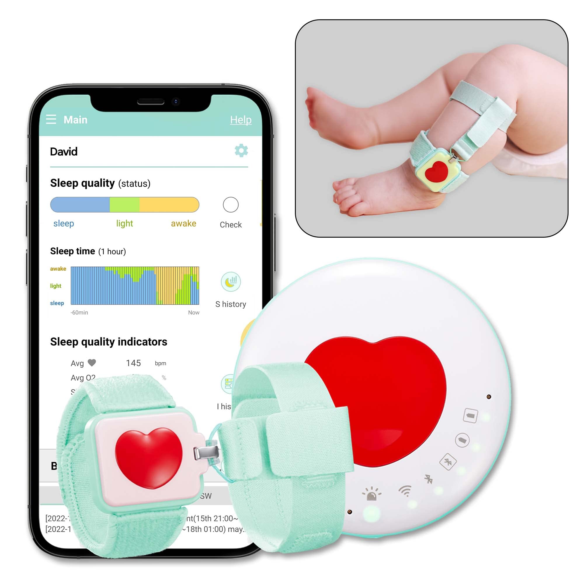 AIMON Smart Band Baby Monitor - Tracks Heart Rate, Average Oxygen as Sleep Quality Indicators. Tracks Temperature, Falling and Crying Too. Has 2 Sizes(Small+Large) for 0~35months.