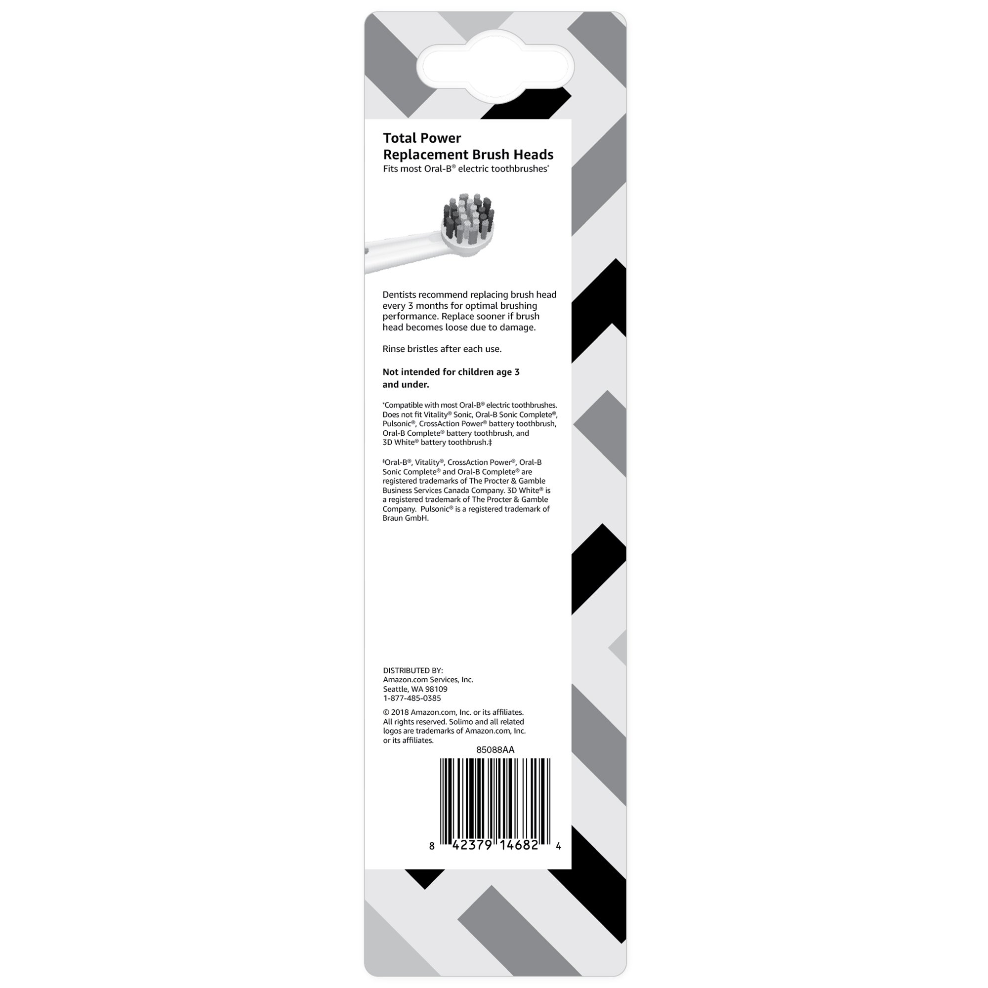Amazon Brand - Solimo Total Power Replacement Brush Heads, 3 Count, White (Fits Most Oral-B Electric Toothbrushes)