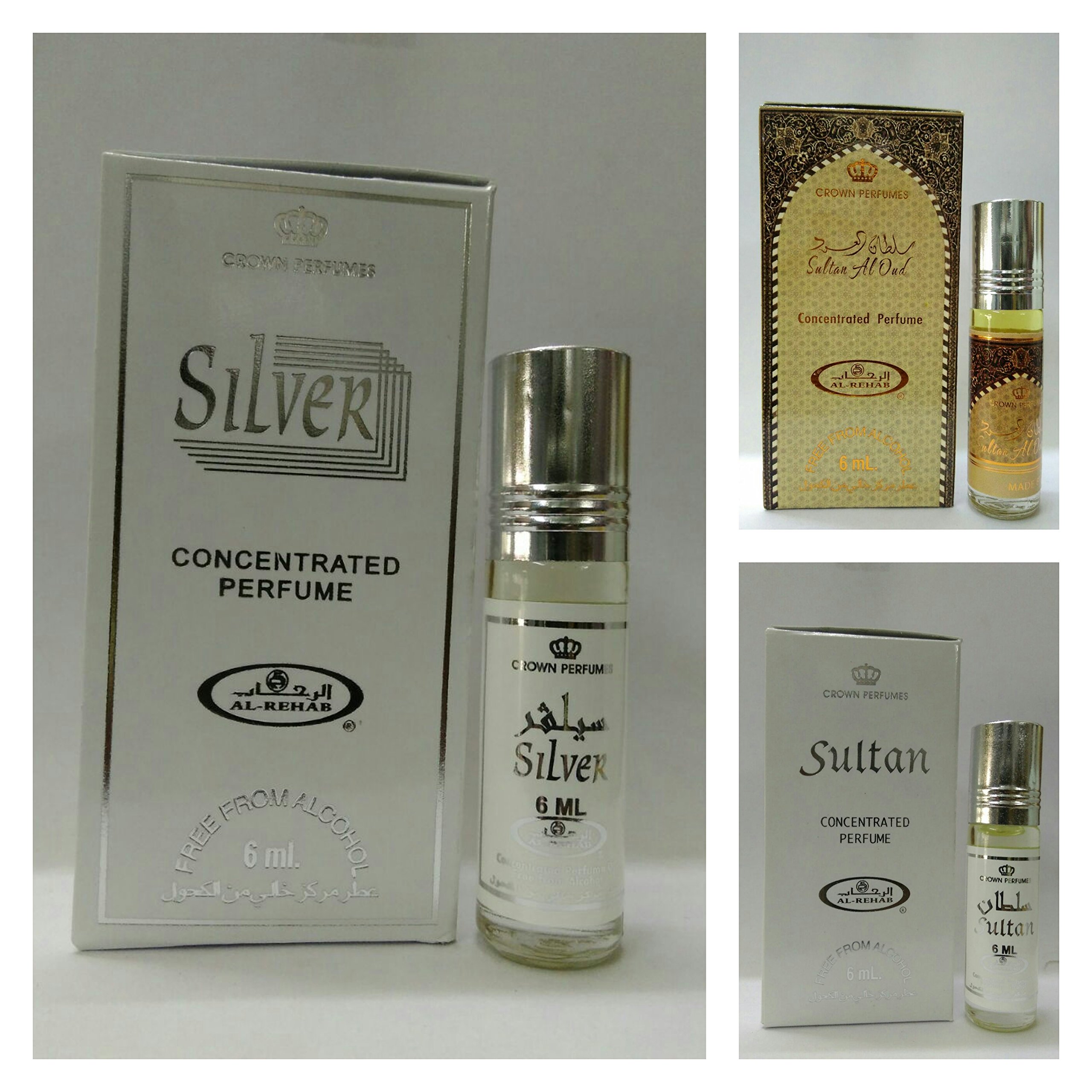 Ambrosial - Fragrances of Heaven Al Rehab Set of 3 x 6ml Silver - Sultan Al Oud - Sultan Unisex Oriental Attar Concentrated Arabian Perfume Oil