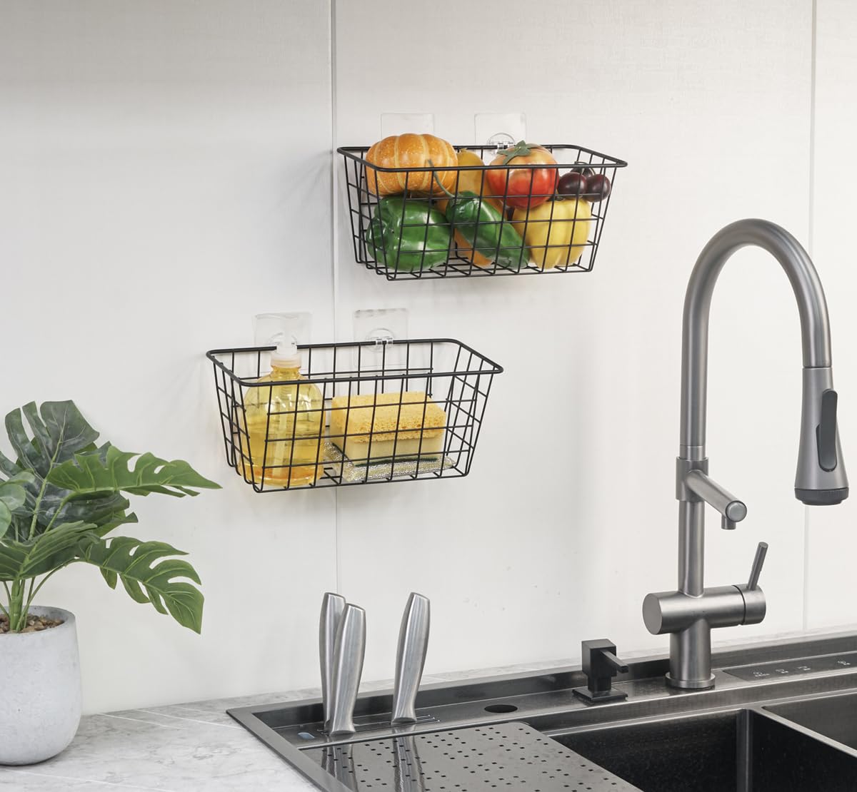 2 Pack Hanging Storage Basket, Bathroom Basket, Household Goods Storage Basket, with Traceless Tape, no Drilling, for Cabinet Storage, Kitchen, Bathroom, Storage Room (2 Black)