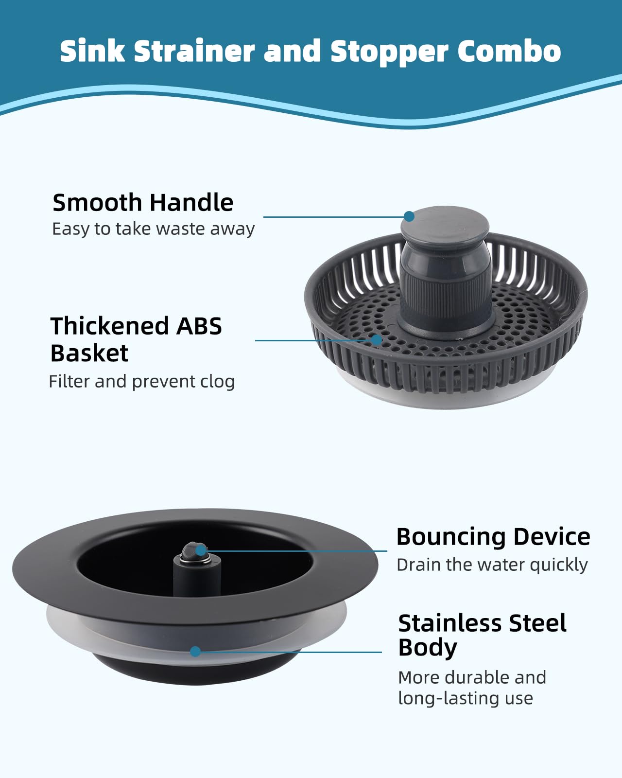 3 in 1 Black Kitchen Sink Stopper Strainer, Matteblack 304 Stainless Steel Pop Up Sink Drain Strainer with Handle Rod for US Standard 3-1/2 inch Drain Filter, Anti-Clog
