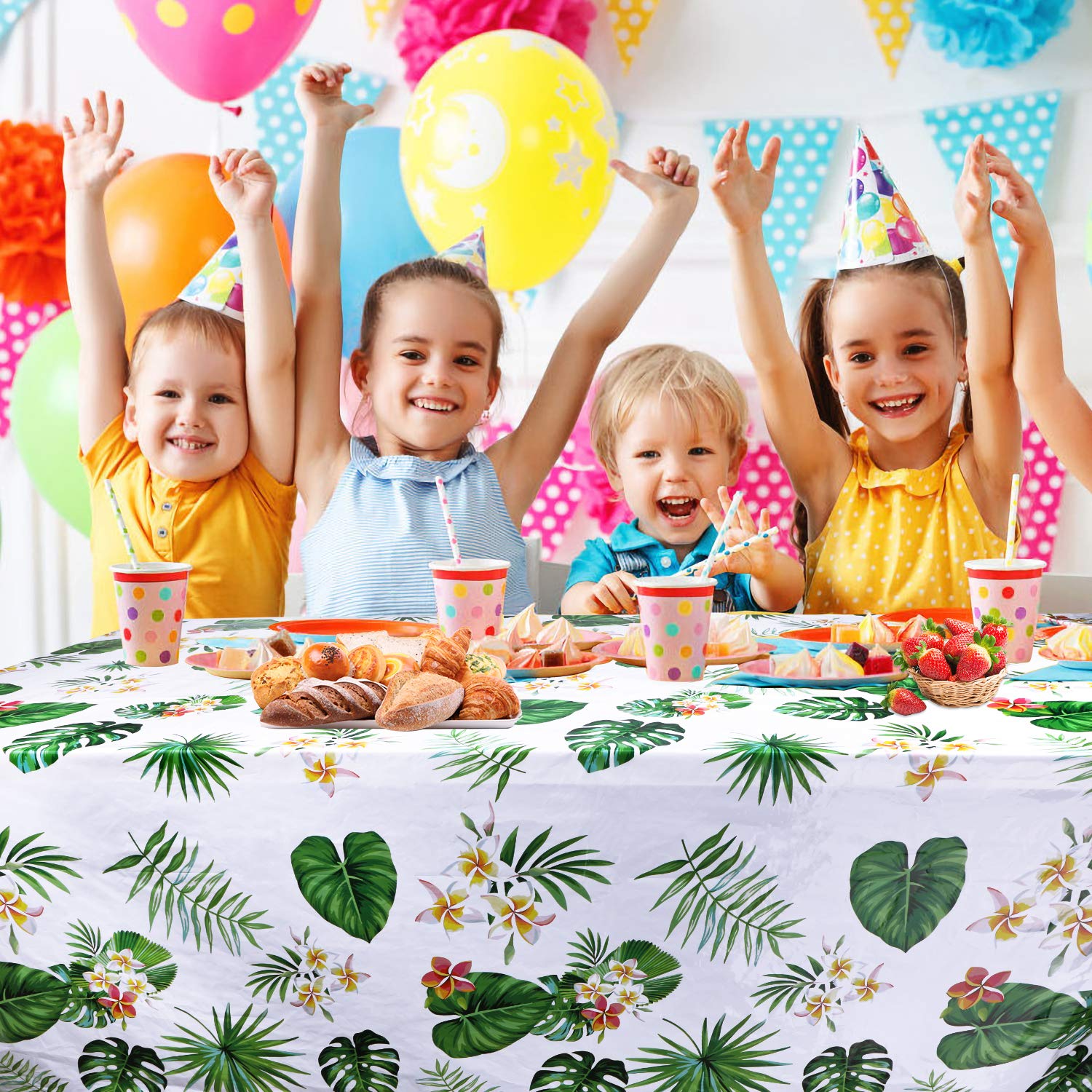 3 Pack Hawaiian Luau Tablecloths for Party Decoration, Hawaii Disposable Plastic Rectangular Table Covers, Aloha Tropical Palm Leaves Table Cloth, Summer Beach Kids Birthday Cocktail Party Supplies