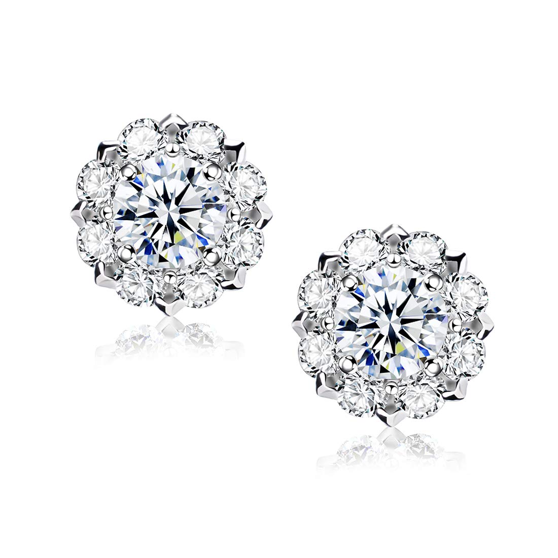 18K White Gold Plated Halo Cluster Cubic Zirconia Stud Earrings for Women - Sterling Silver CZ Jewelry Set