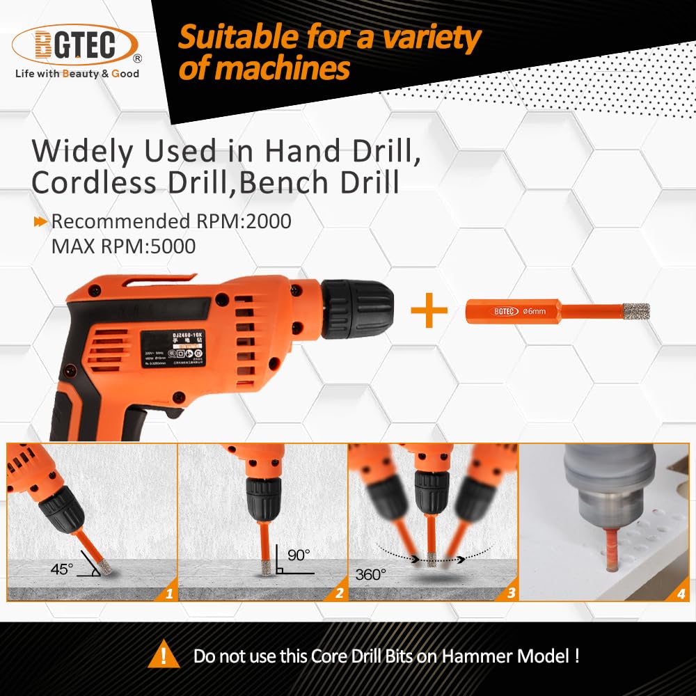 BGTEC Dry Diamond Core Drill Bits 2pcs 1/4" Tile Drill Bits with Hex Shank for Granite Marble Porcelain Tile Ceramic Masonry