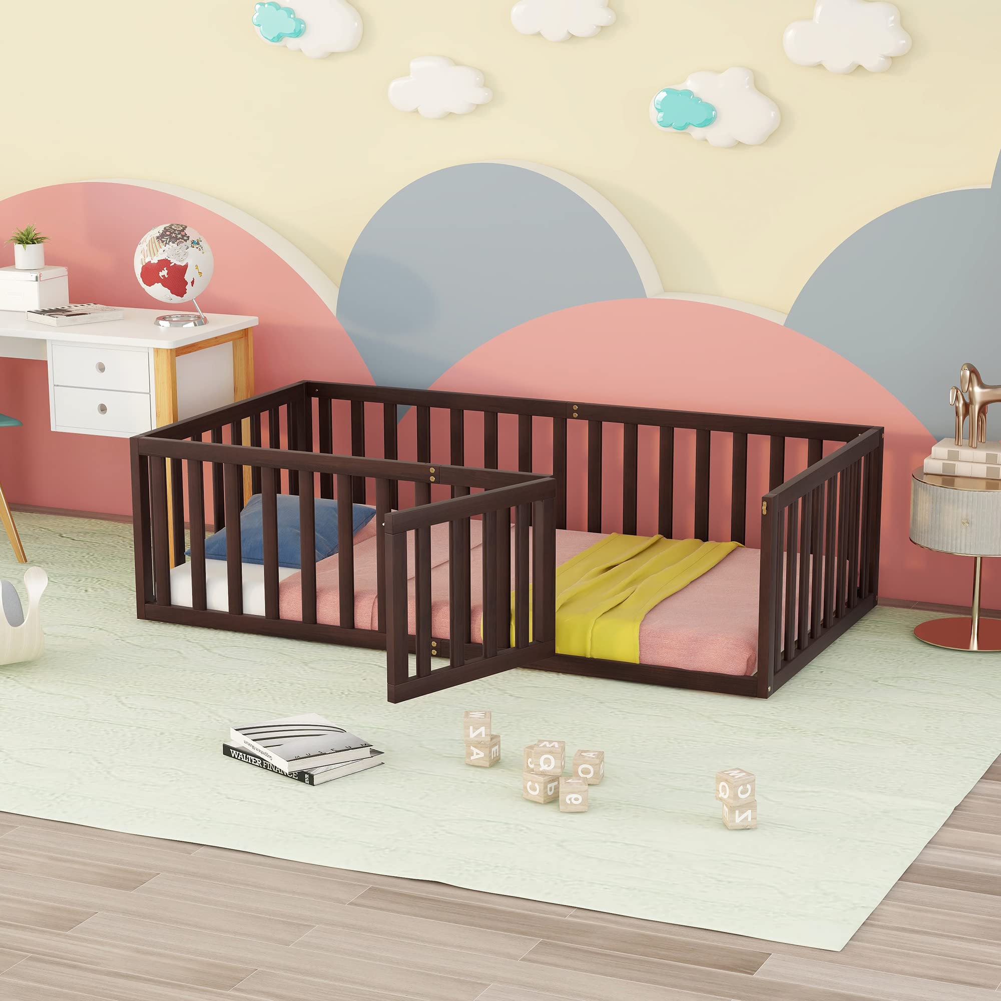 LZ LEISURE ZONE Twin Size Platform Bed with Fence, Solid Wood Floor Bed Frame with Door, Twin Size Daybed Fram, Espresso