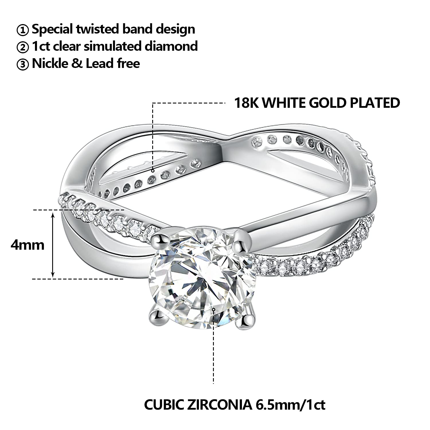 18K White Gold Plated Infinity Twisting Round Cubic Zirconia Promise Engagement Eternity Halo CZ Wedding Anniversary Created Diamond Ring for Women Men (5)