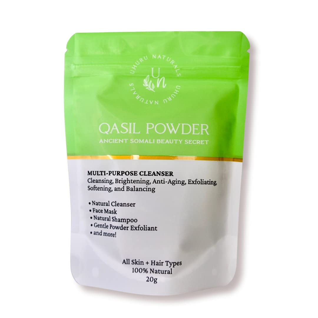 Uhuru Naturals Qasil Powder 20 Grams – Ancient Somali Beauty Secret, Gentle Deep Cleansing Facial Mask for Beautiful Glowing Skin. Reduces Dark Marks and Scars. Brightens. Detoxifies.