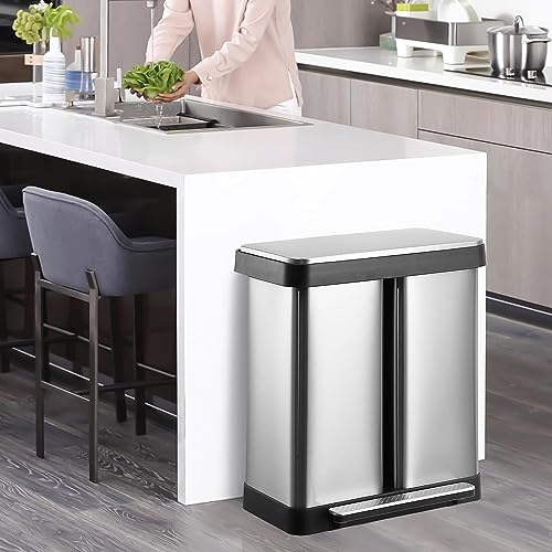 17.5 Gallon Dual Trash Can, Two Compartment Trash Can, Trash Can with Recycling Bin Combo, Double Garbage Cans for Kitchen, 8 +9.5 Gallons, Stainless Steel