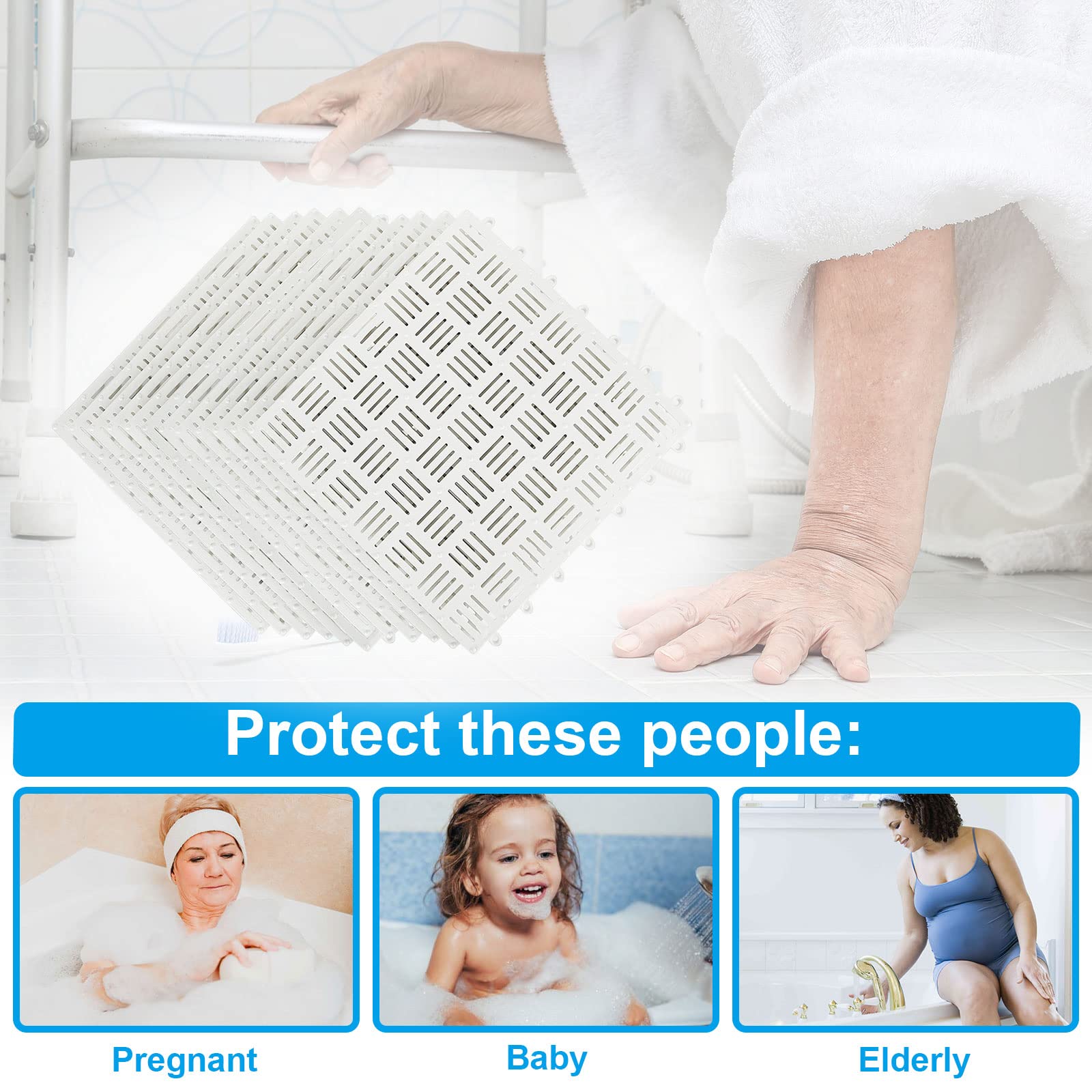 12Pack 12" x 12" Interlocking Rubber Floor Tiles PVC Drainage Mat Pool Mats for Floor, Modular Interlocking Cushion Mat Shower Mat Non Slip for Bath, Deck, Drain, Pool, Patio, Balcony, Kennel, Gray