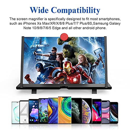 Fanlory 12" Screen Magnifier –3D HD Mobile Phone Magnifier Projector Screen for Movies, Videos, and Gaming–Foldable Phone Stand with Screen Amplifier–Supports All Smartphones(Black)
