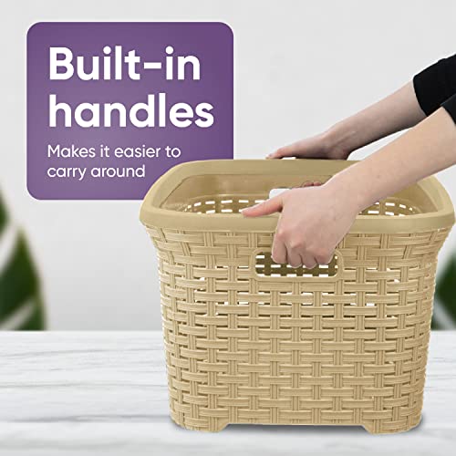 Superio Laundry Basket Plastic Storage Hamper Basket, Beige Cloths Basket Organizer with Cut-Out Handles. Space Saving for Laundry Room Bedroom Bathroom, Wicker Design 50 Liter (2 Pack)