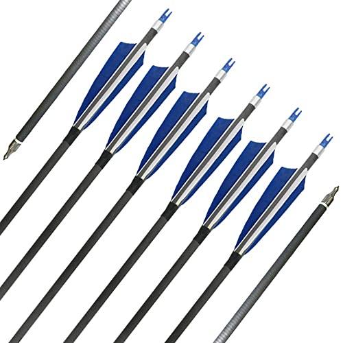 12Pack 30-inch Carbon Arrow with 4" Turkey Feathers, Hunting/Targeting Arrow for Compound Recurve Longbow (Blue)