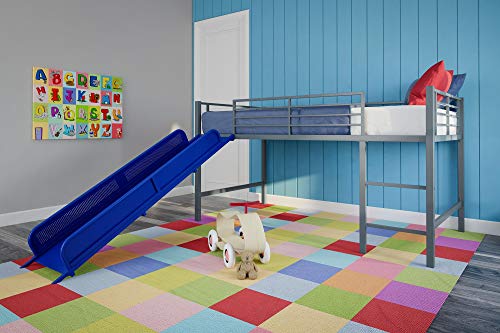 DHP Junior Twin Metal Loft Bed with Slide, Multifunctional Design, Silver with Blue Slide & Fire Department Design Curtain Set for Junior Loft Bed, Kids Furniture, Blue