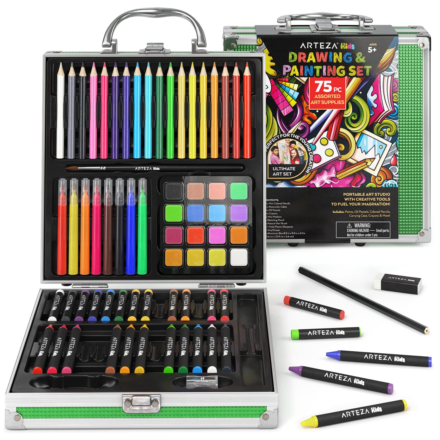 ARTEZA Kids Painting & Drawing Kit, 75-Piece Bundle, 18 Mini Colored Pencils, 16 Watercolor Paints, 14 Oil Pastels, 14 Crayons