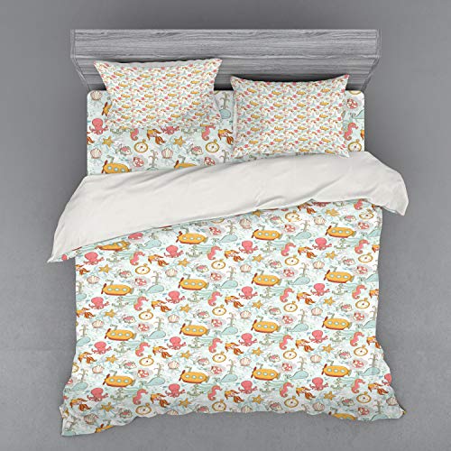 Ambesonne Octopus Bedding Set, Cartoon of Submarine Octopus Fish Whale Seahorse Anchor Shells and Compass, 4 Piece Duvet Cover Set with Shams and Fitted Sheet, King Size, Multicolor