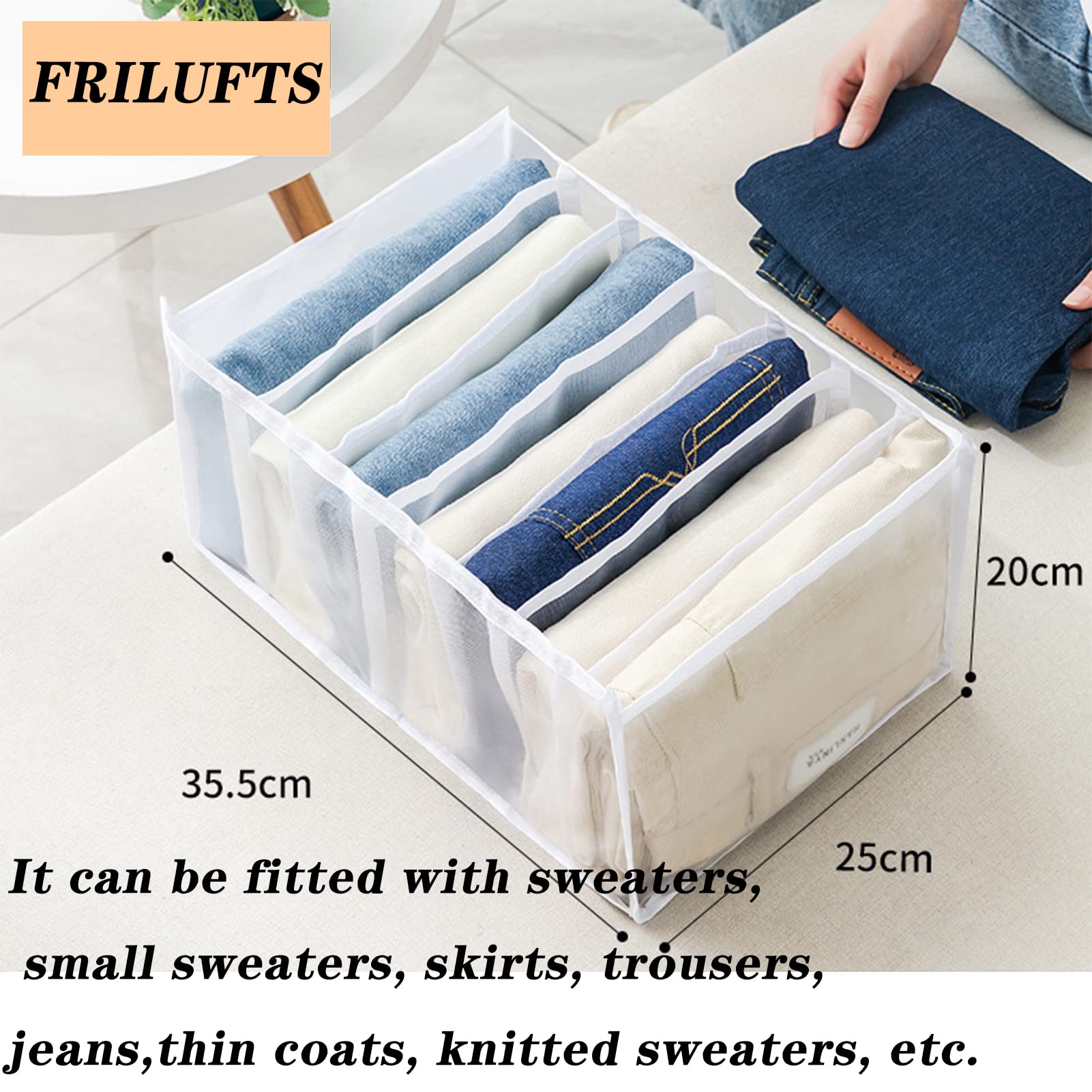 2PCS Extra-large Clothes Organizer for Folded Clothes, Pant Jeans Organizer with Compartment,Foldable Wardrobe Clothes Clothing Organizer for Closet Drawer Storage Box Bedroom. (7 Grids-Large, white)