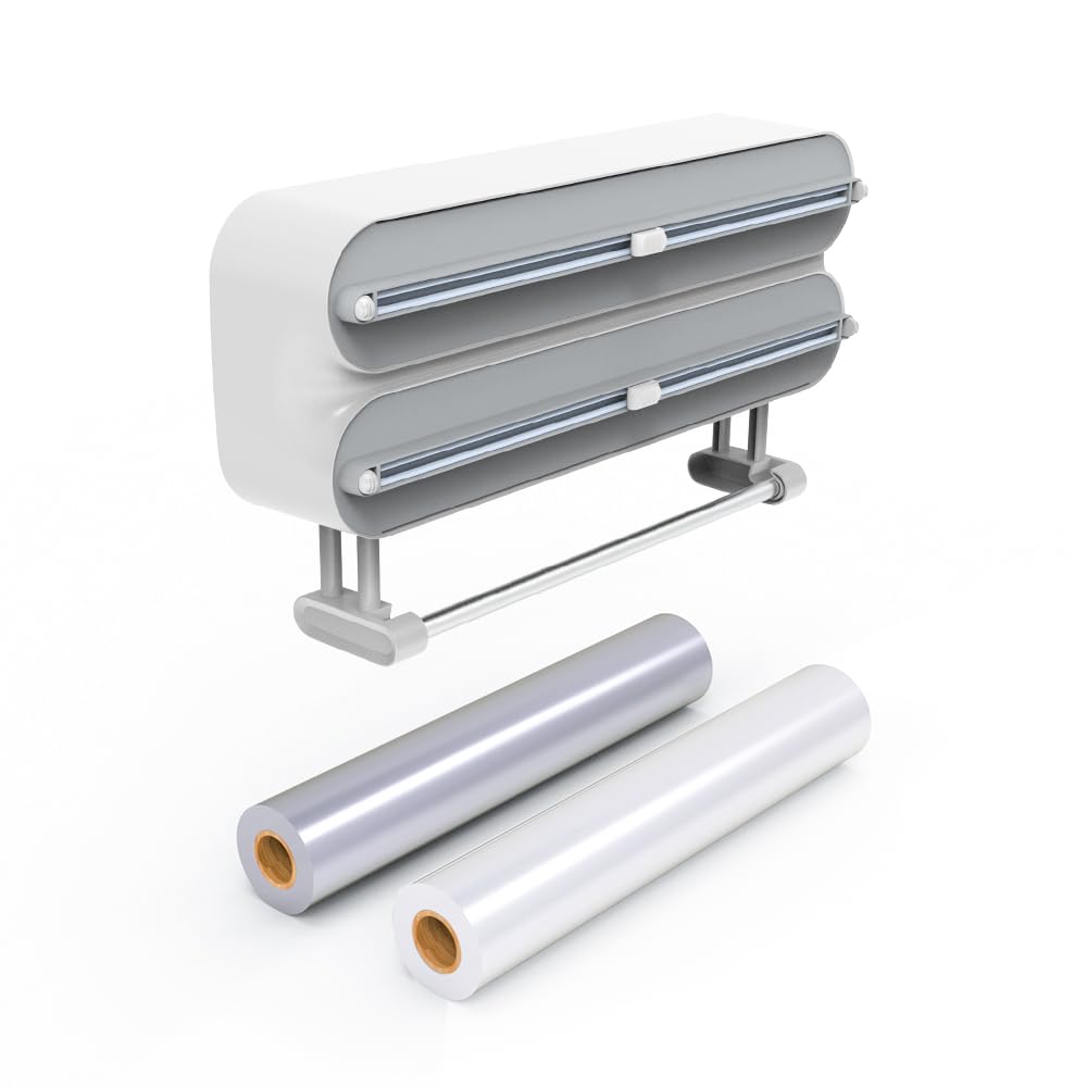 3 in 1 Wrap Organizer with Cutter Includes 2 Rolls of Plastic Wrap and Aluminum Foil Dispenser,Magnetic Paper Towel Holder for Fridge,foil and Plastic wrap Organizer,Magnetic Paper Towel Holder