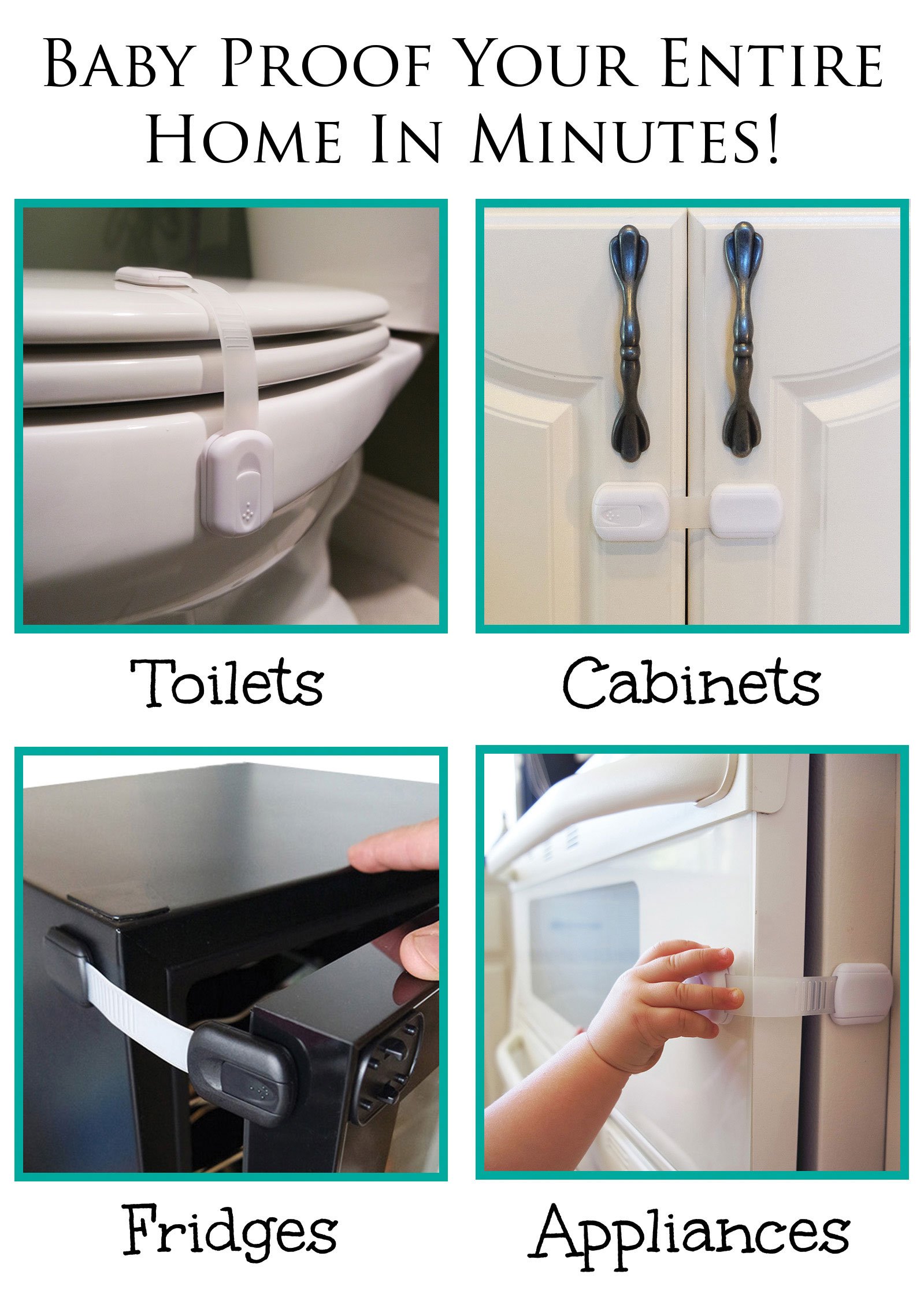 Baby Safety Locks | Child Proof Cabinets, Drawers, Appliances, Toilet Seat, Fridge and Oven | Tools Not Required | Uses 3M Adhesive with Adjustable Strap and Latch System (6-Pack, White)