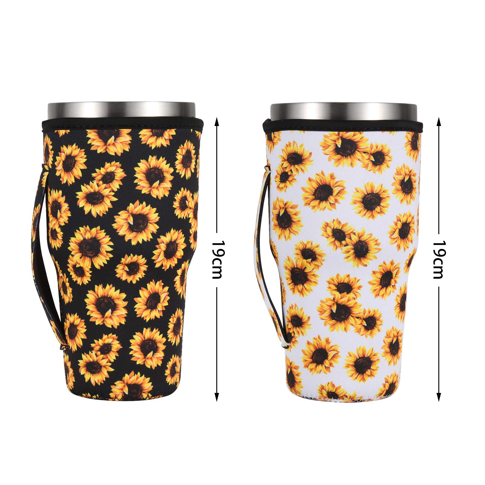 2 Pieces Reusable Iced Coffee Cup Sleeve Neoprene Cup Insulator Sleeve Cup Cover Insulated Sleeves Drinks Sleeve Holder for 30 oz Cold Hot Beverages, 2 Styles（Sunflower）