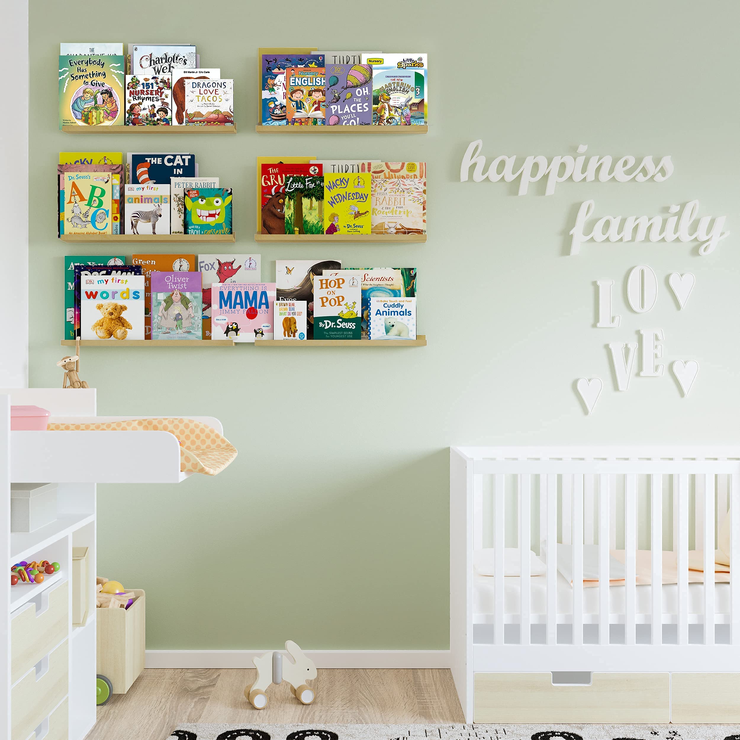 Wallniture Denver 24" Book Shelves for Kids Room Decor and Nursery, Wood Floating Shelves for Wall, Natural Pine, Set of 6