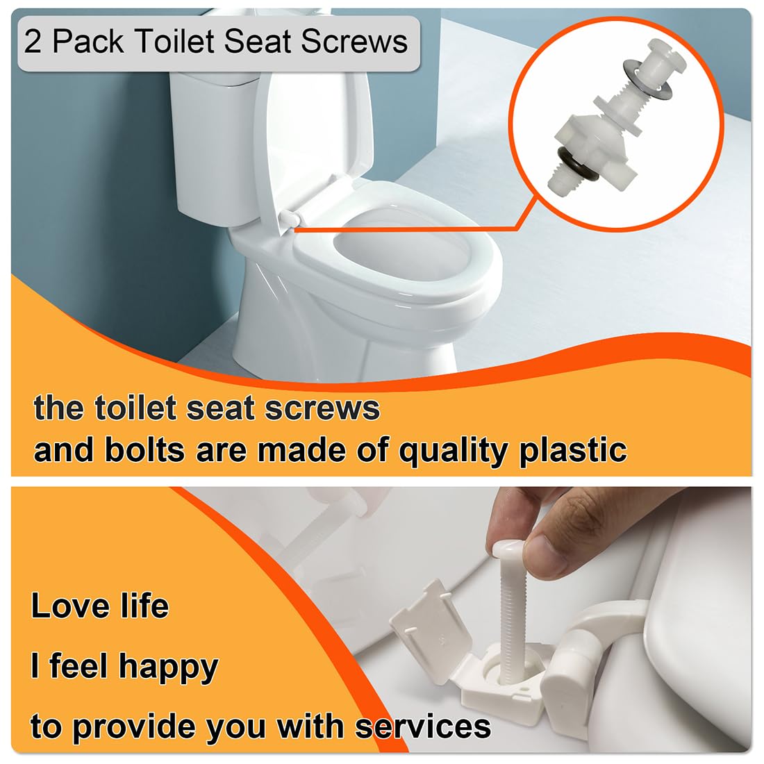2 Pack Universal White Plastic Toilet Seat Screws Replacement, Toilet Seat Hinges Bolts and Nuts For Top Mount Toilet lid Fastener Parts Kit