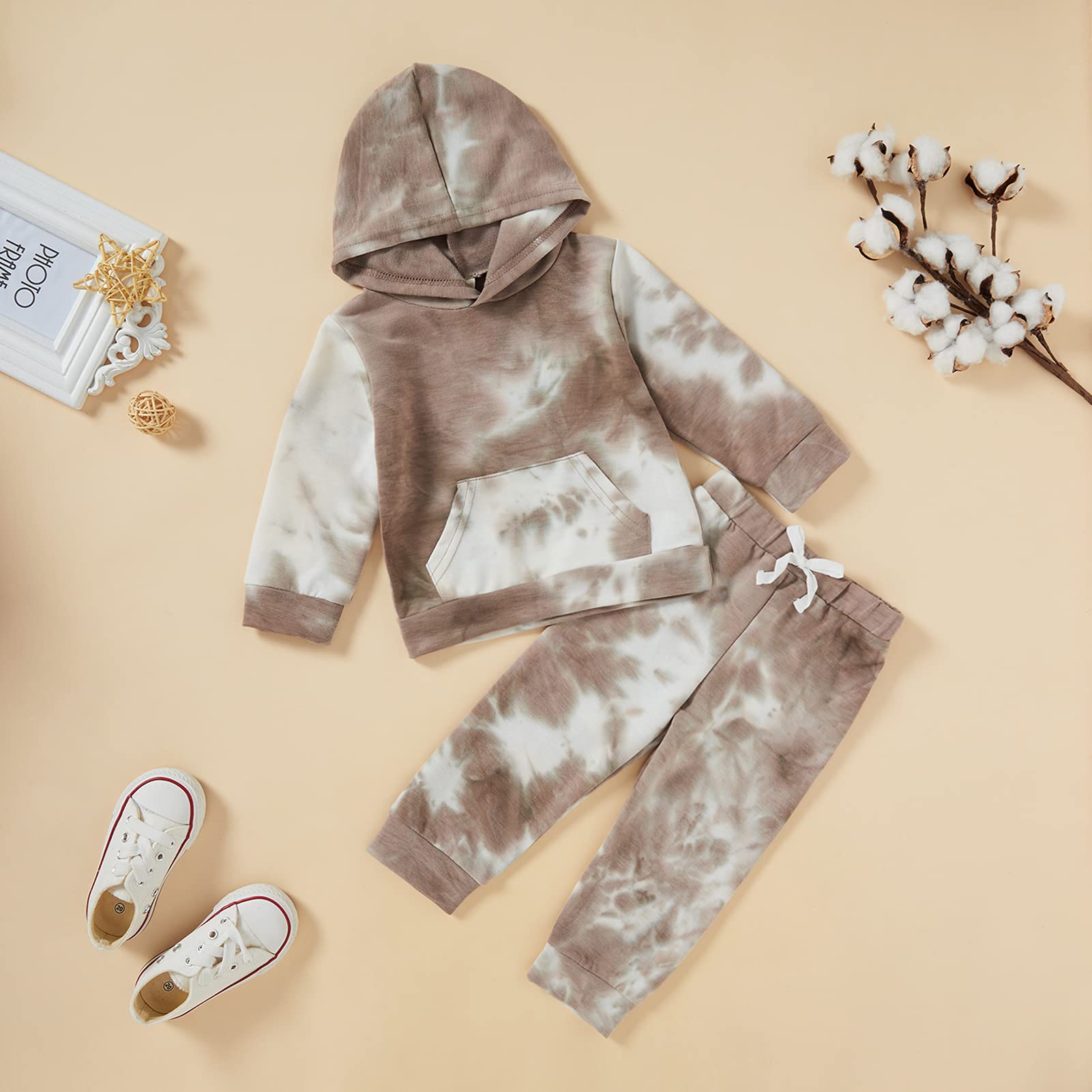 GRNSHTS Toddler Baby Boy Tie Dye Pants Set Hoodie Pocket Top Long Pants 2PCS Fall Winter Outfits Clothes (Brown,18-24M)