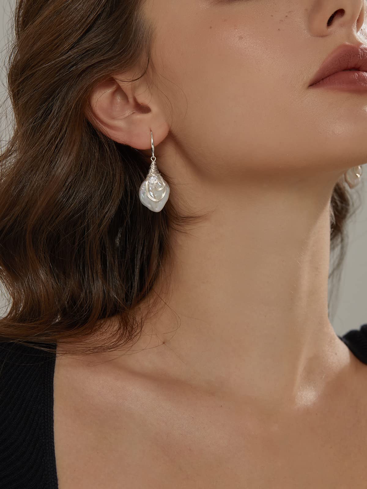 14K Gold Freshwater Baroque Keshi Pearl Dangle Drop Earrings For Women