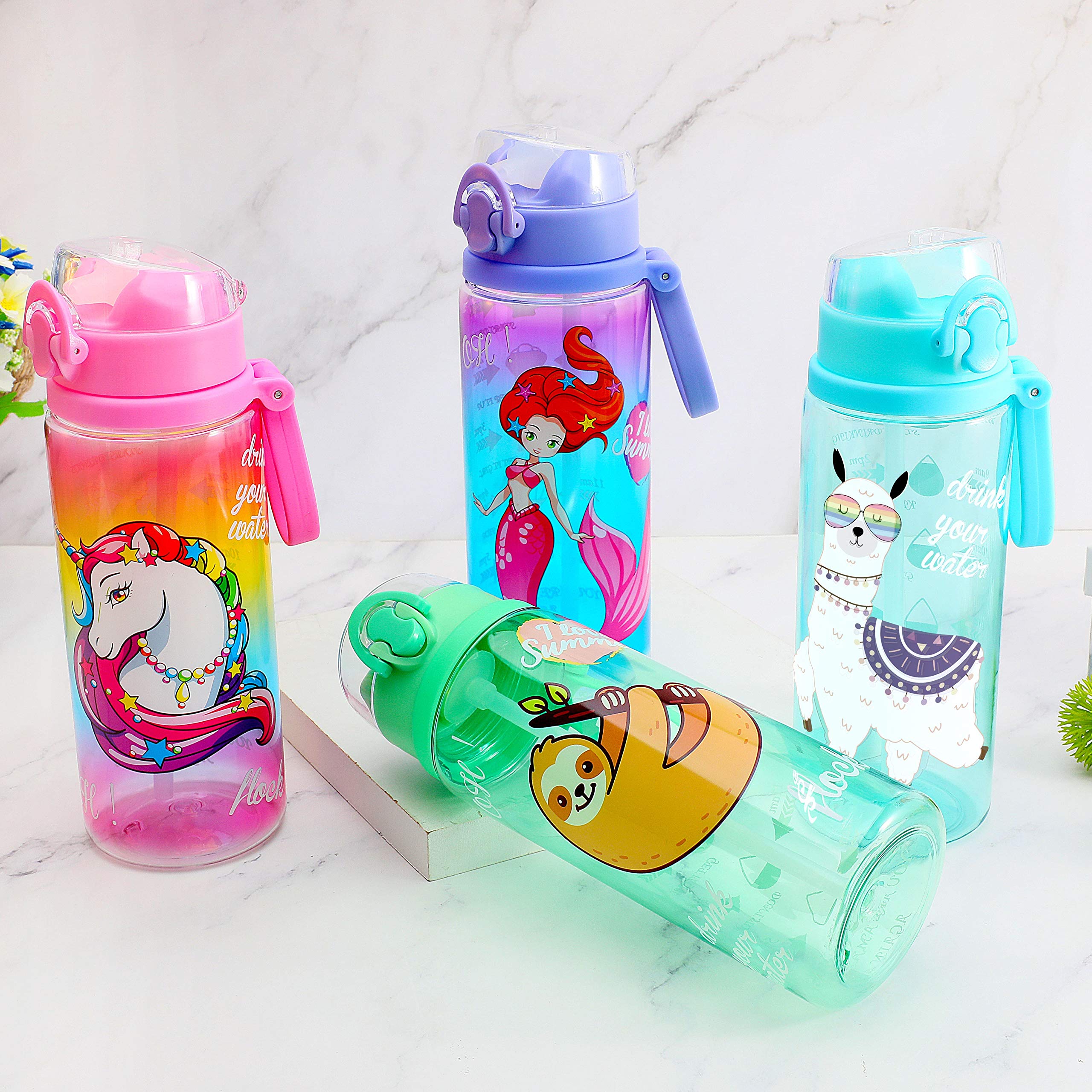 Home Tune 23oz Kids Water Drinking Bottle - Tritan BPA Free, Wide Mouth, Auto Flip Cap, Secure Lock, Easy Open, Lightweight, Leak-Proof Time Marker Water Bottle For Girls & Boys - Unicorn