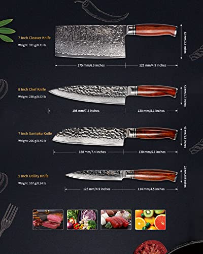YARENH Kitchen Knife Set with Cleaver 4 Pcs, 73 Layers Damascus High Carbon Stainless Steel, Full Tang Natural Sandalwood Handle, Professional Chef Knife