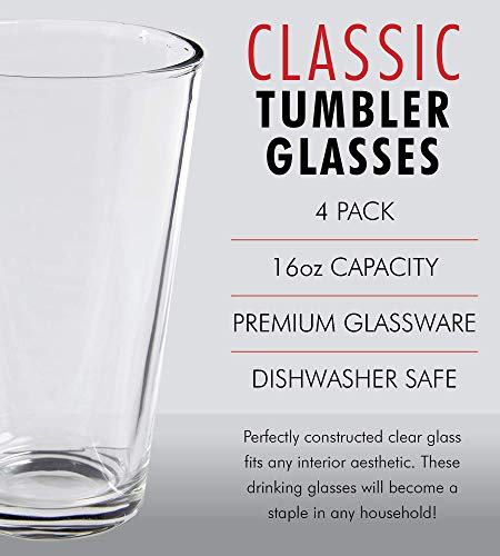 Clear Glass Beer Cups – 4 Pack – All Purpose Drinking Tumblers, 16 oz – Elegant Design for Home and Kitchen – Lead and BPA Free, Great for Restaurants, Bars, Parties – by Kitchen Lux