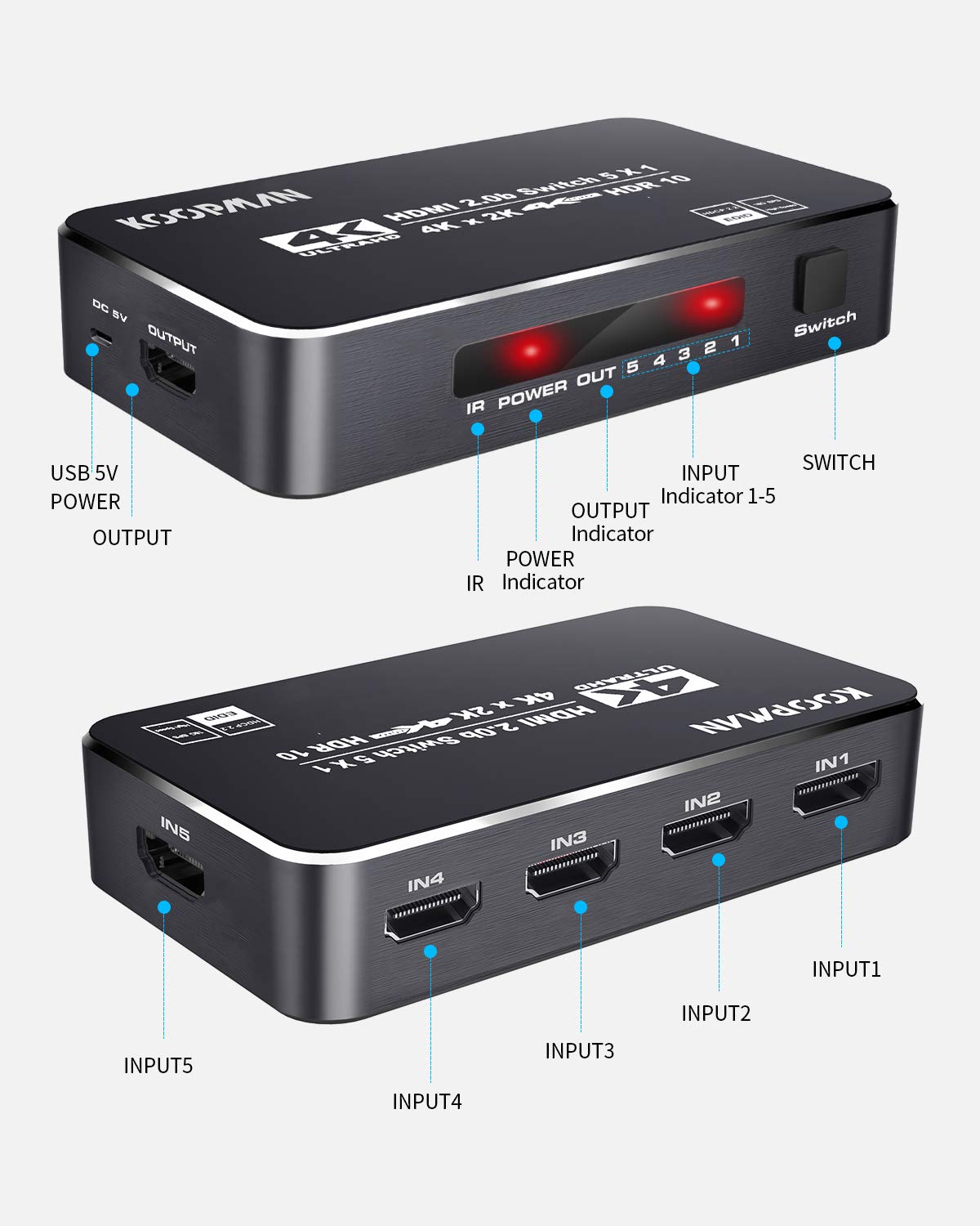 4K HDR HDMI Switch, Koopman 5 Ports 4K 60Hz HDMI 2.0 Switcher Selector with IR Remote, Supports Ultra HD Dolby Vision, High Speed (Max to 18.5Gbps), HDR10, HDCP 2.2 & 3D