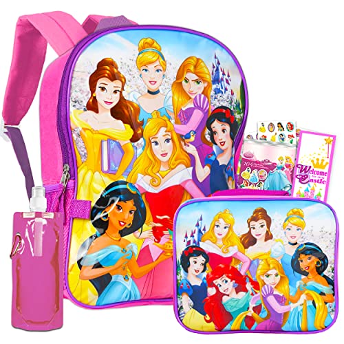 Disney Princess Backpack with Lunch Box for Girls Bundle ~ Deluxe 16" Princess School Bag, Lunch Bag, Water Bottle, Stickers, and More (Disney Princess School Supplies)