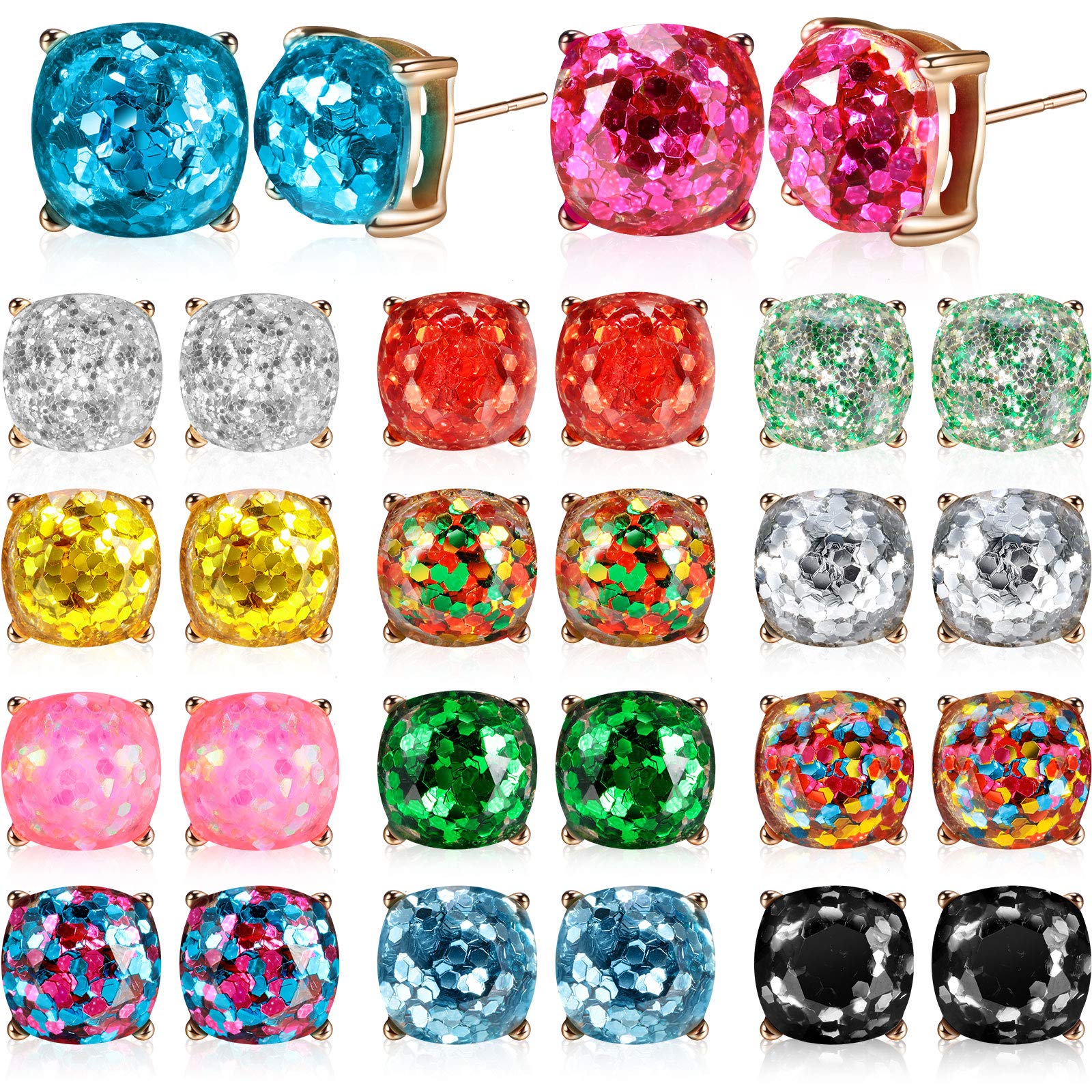 14 Pairs Valentine's Day Faux Druzy Earrings Faceted Square Glitter Stud Pierced Earrings Stainless Steel Bohemian Druzy Stud Earrings Set for Women Present