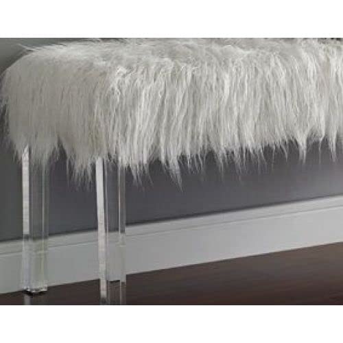 1pc White Glam Accent Bench with Faux Fur Seat Transparent Legs