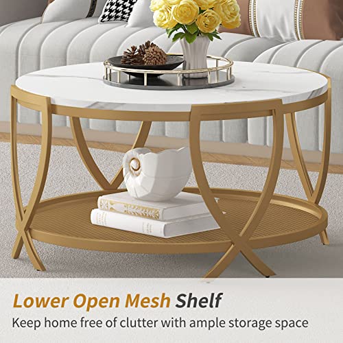 ASYA 2-Tier Round Coffee Table with Storage Open Shelf, 36 Inch Industrial Sofa Cocktail Table for Living Room, White & Gold