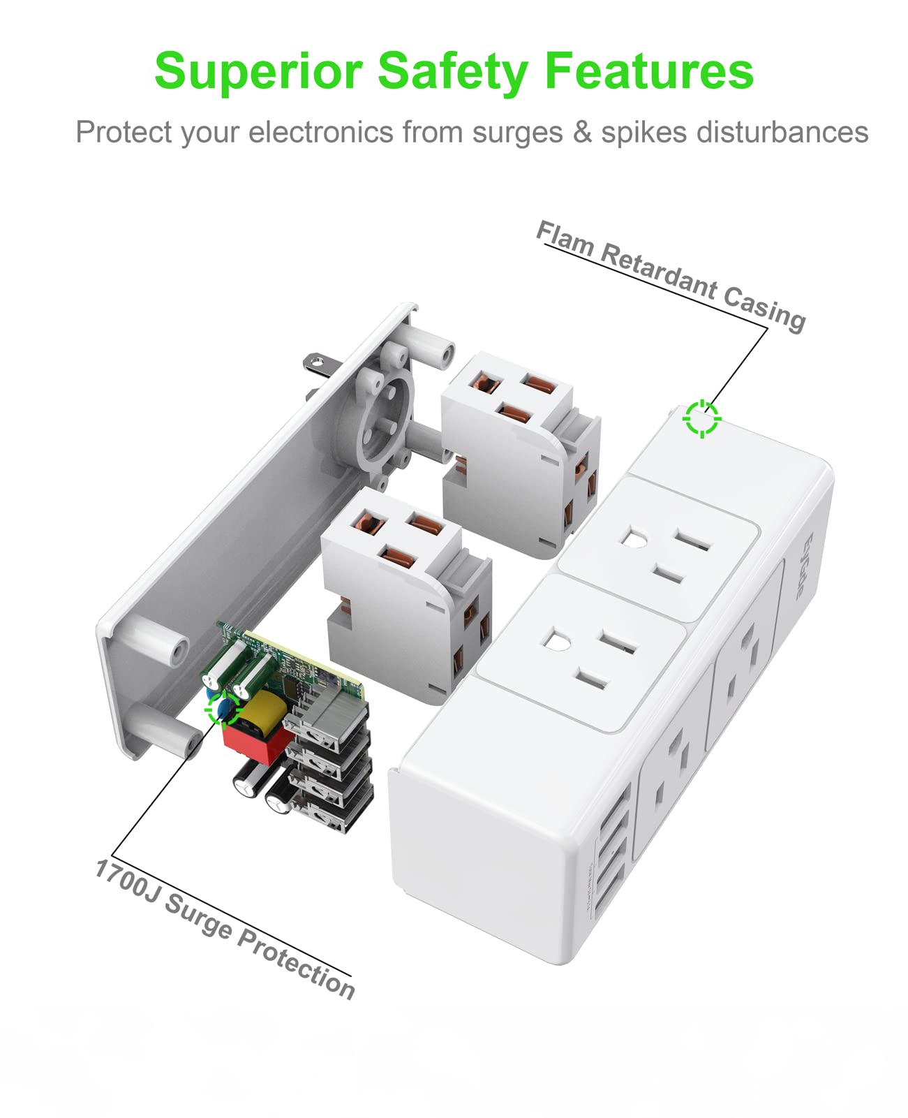 2 Prong Power Strip with Rotating Plug, EyGde Multi Plug Outlet Extender, Multiple Outlet Splitter(3 Sided 6 Sockets) and 4 USB Ports, Wall Adapter Surge Protector (1700J) for Travel, Office, White