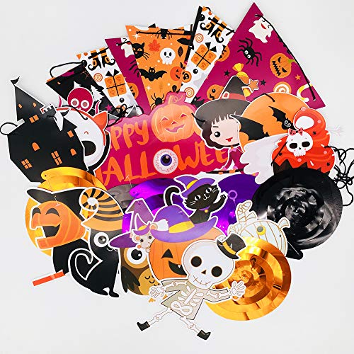 2023 Halloween Banner Party Decoration(Pre-Assembled)Cute Halloween Garland Bunting Banner Triangle Flag with Foil Swirl Ceiling Hanging Cards, Pumpkin Ghost Witches Bat Spider Skull Sticker